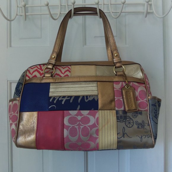 Coach | Bags | Coach Signature Patchwork Satchel Gold Pink Purple ...